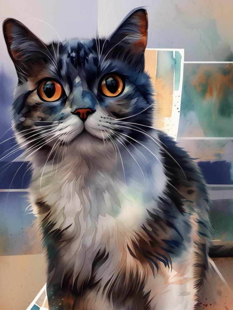 Realistic painting of a wide-eyed fluffy cat